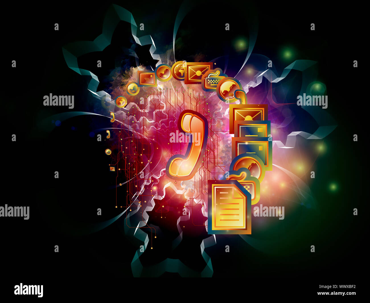 Composition of communication symbols, gears and abstract design ...