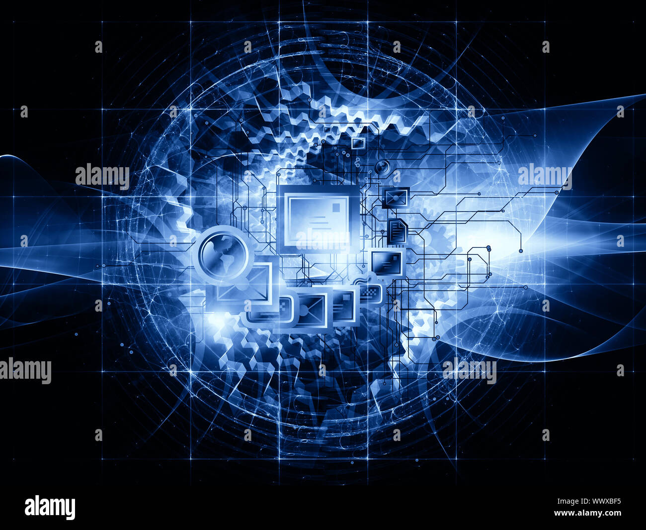 Composition of communication symbols, gears and abstract design ...