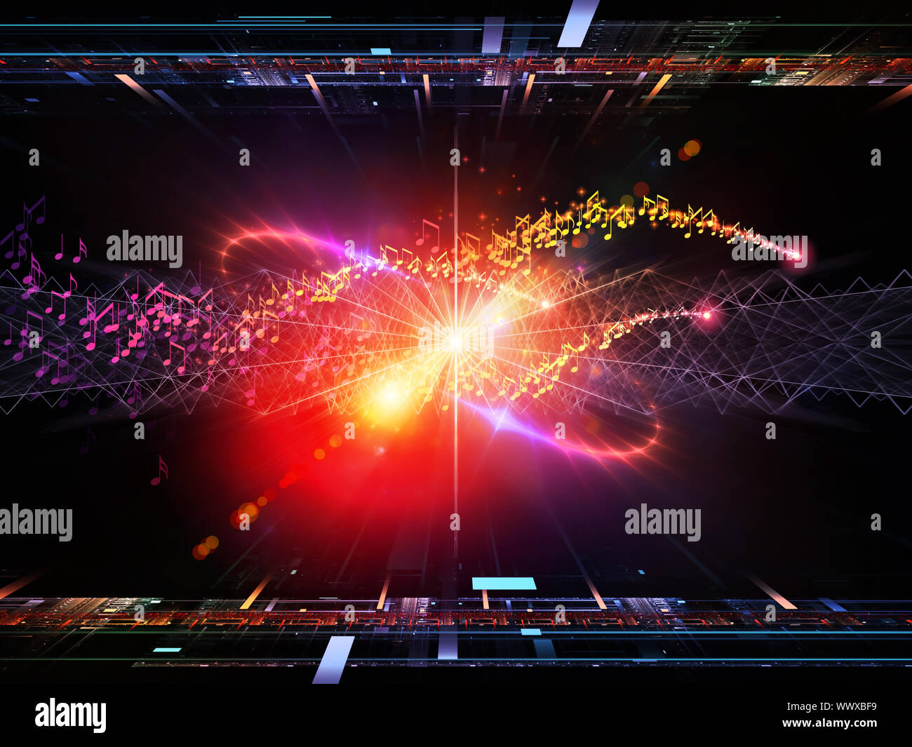 Abstract composition of fractal grids, lights and musical notes ...