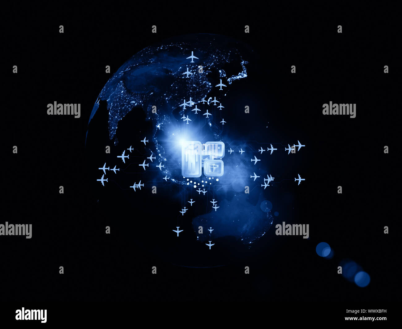 Rendering of city light map (courtesy of NASA), abstract lights and ...