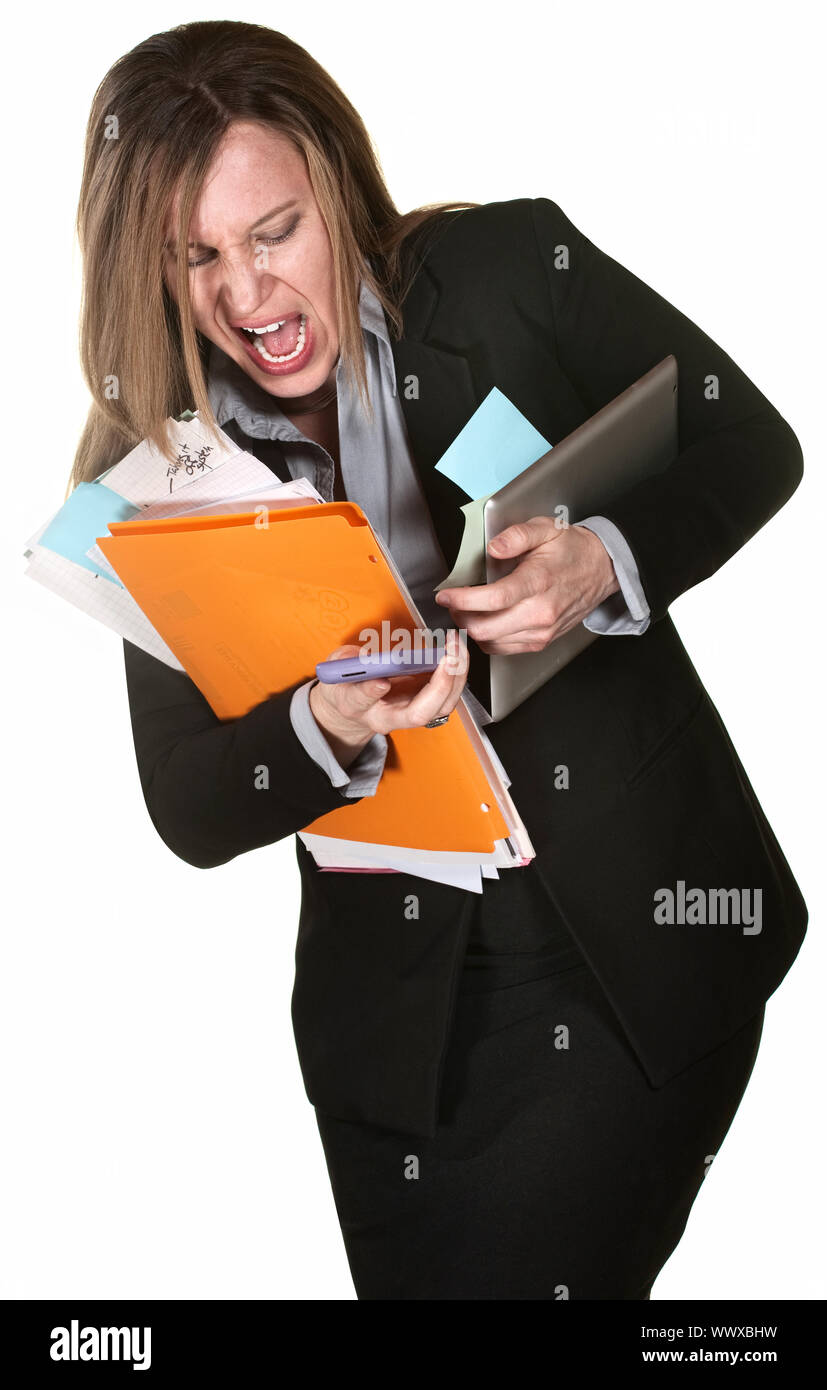 Professional woman fumbling with papers, computer and phone Stock Photo ...