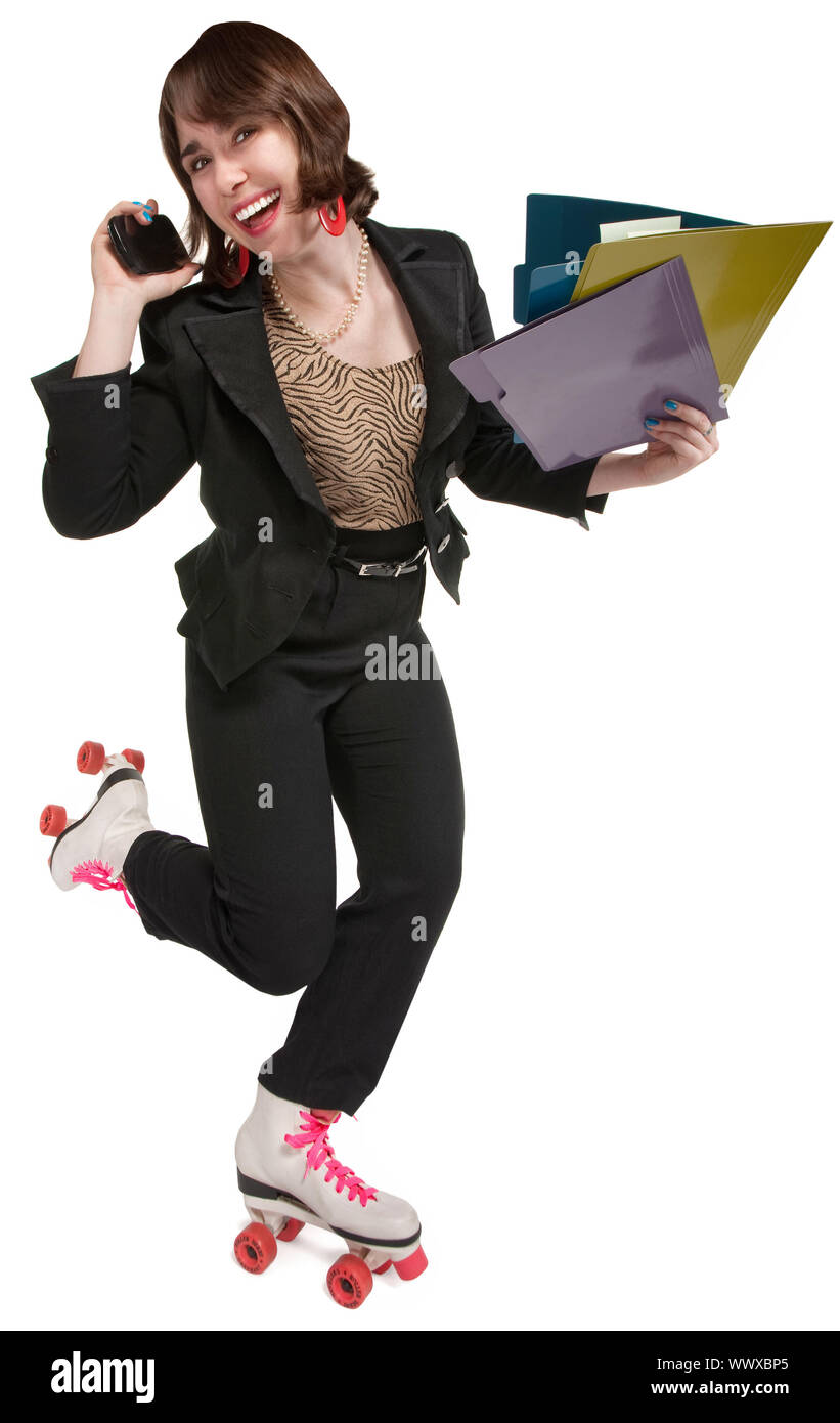 Young female worker on phone with pink roller skates Stock Photo - Alamy