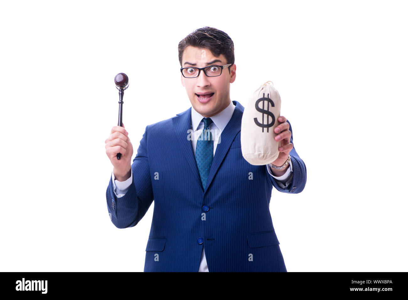 Lawyer with a gavel and a moneybag money bad isolated on white Stock ...