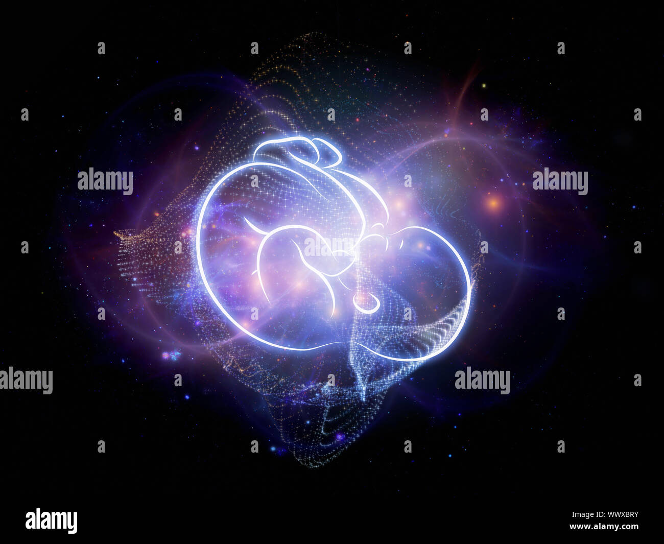 Composition of drawing of a fetus and abstract design elements on the ...