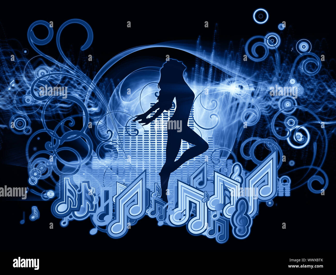 Abstract design made of girl silhouette, notes, lights and abstract ...