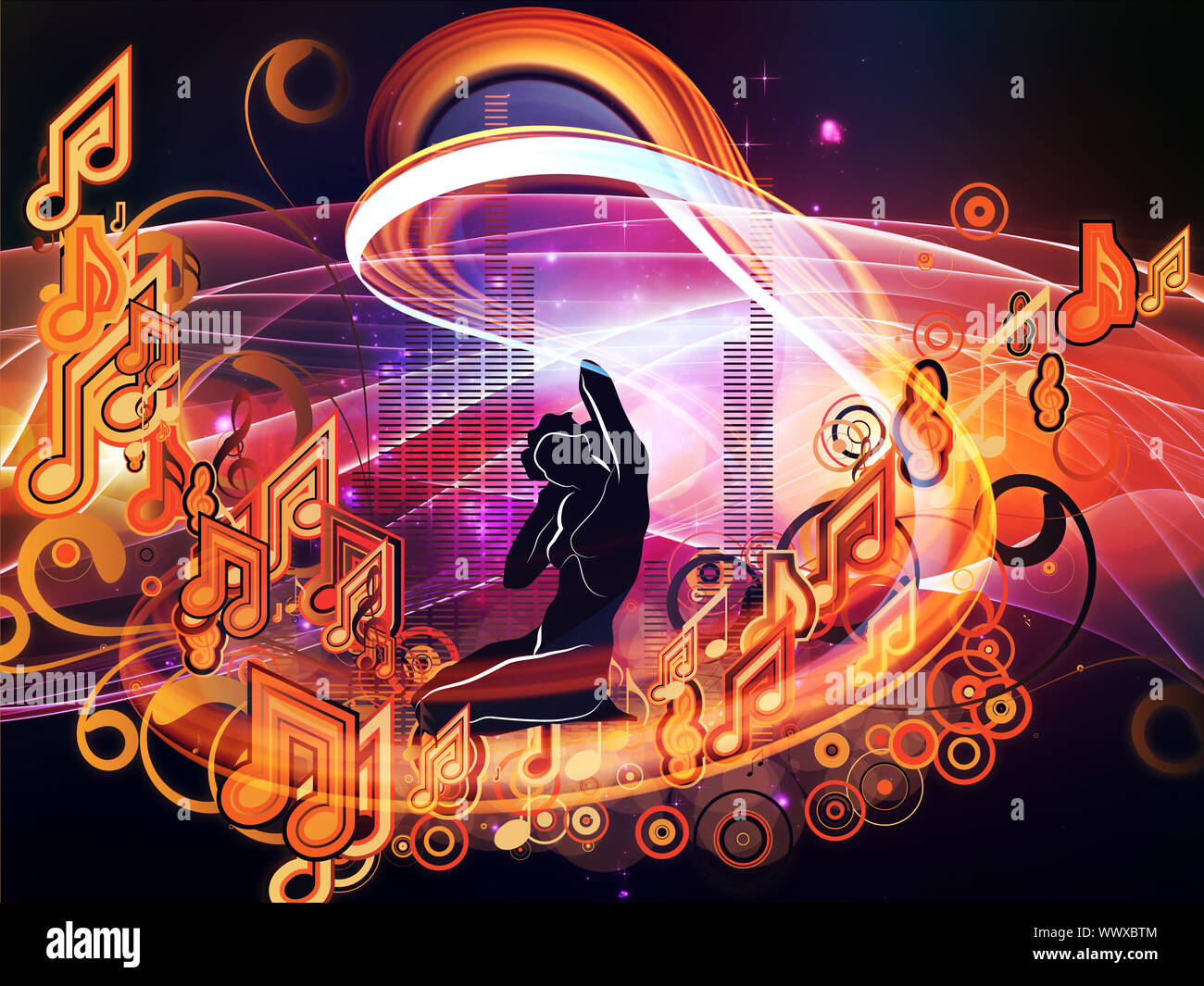 Graphic composition of girl silhouette, notes, lights and abstract ...