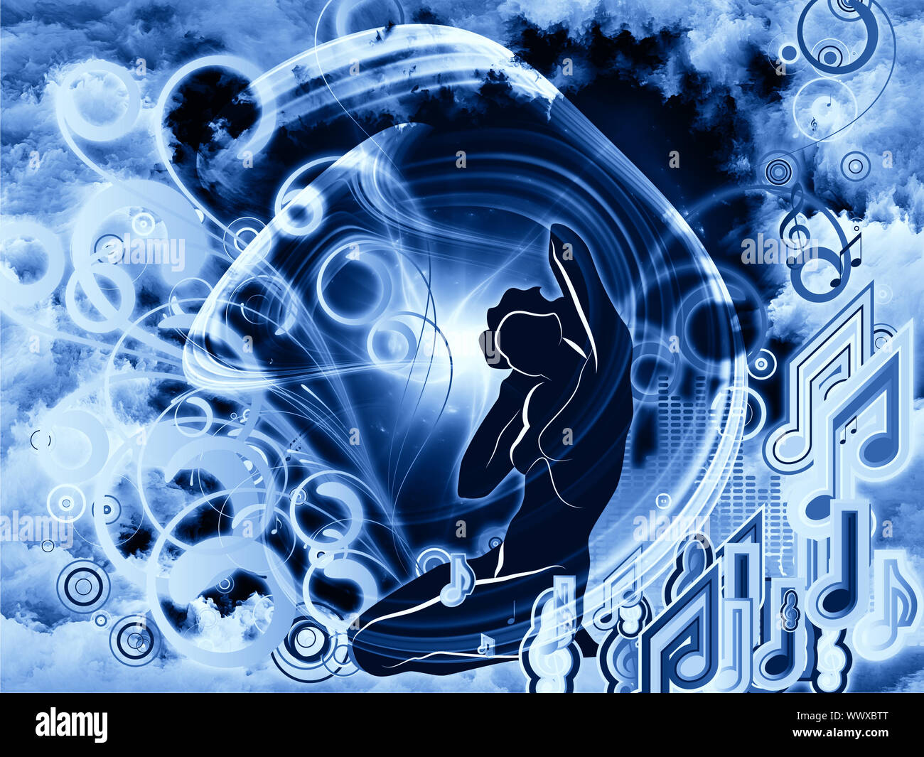 Backdrop design of girl silhouette, notes, lights and abstract design ...