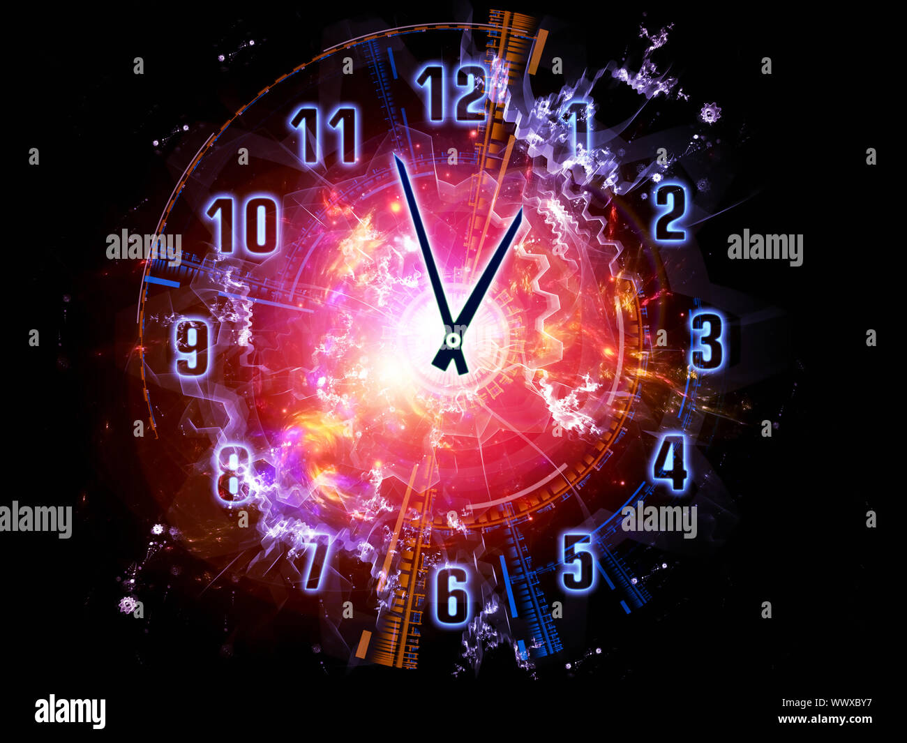 Background design of clock hands, gears, lights and abstract design ...