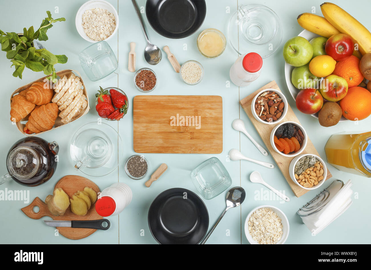 Healthy breakfast. Various fruits and snacks Stock Photo - Alamy