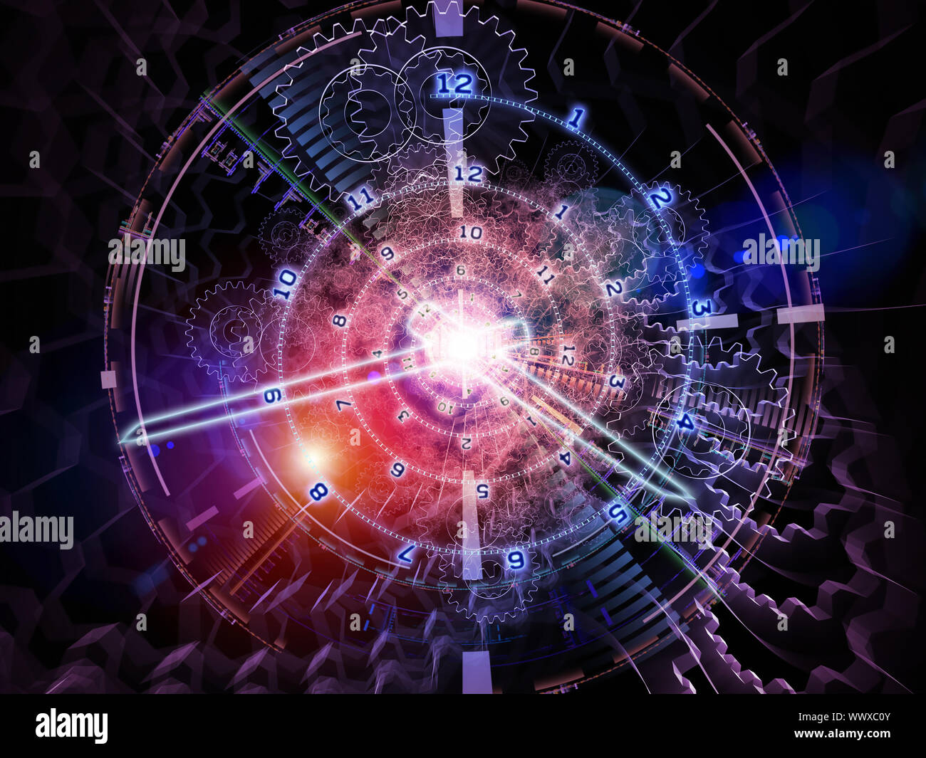Design composed of clock hands, gears, lights and abstract design ...