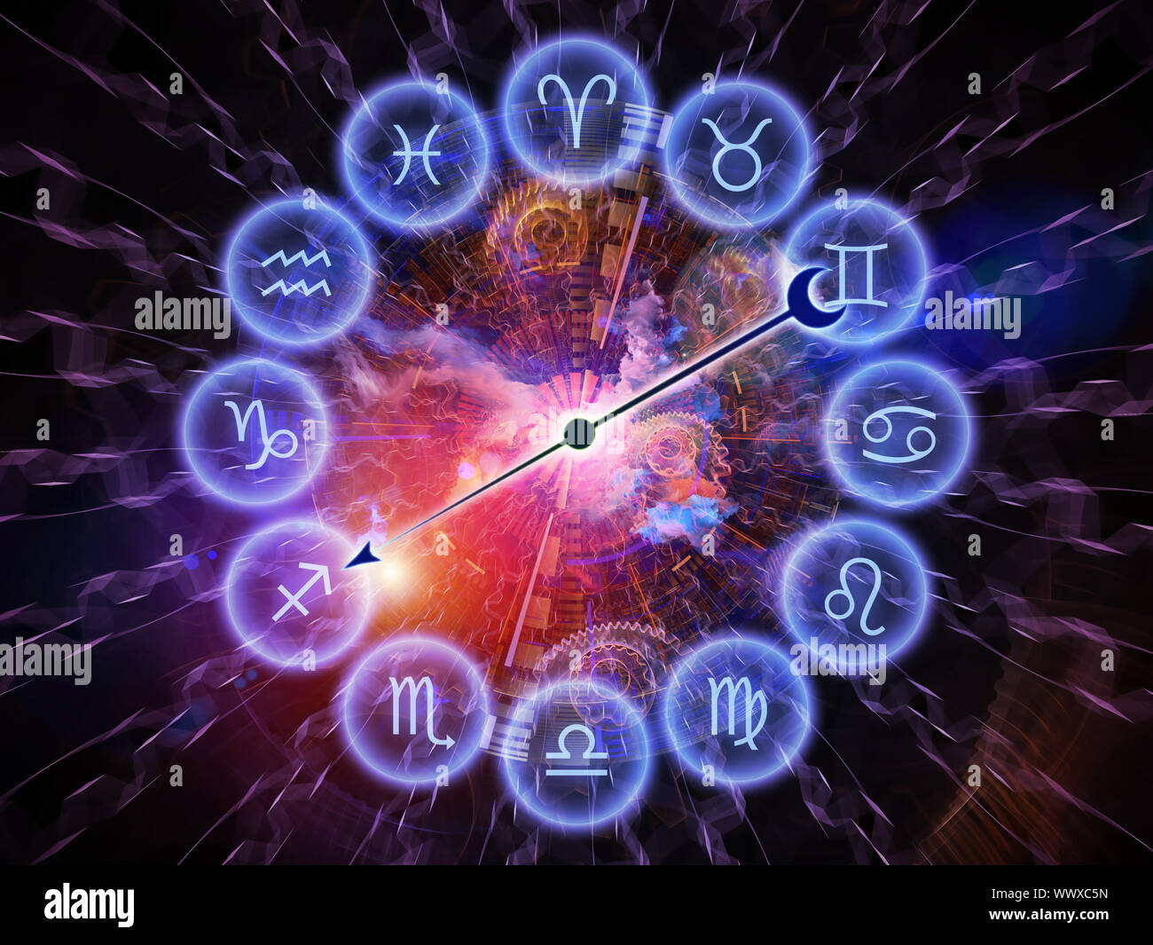 Composition of Zodiac symbols, gears, lights and abstract design ...