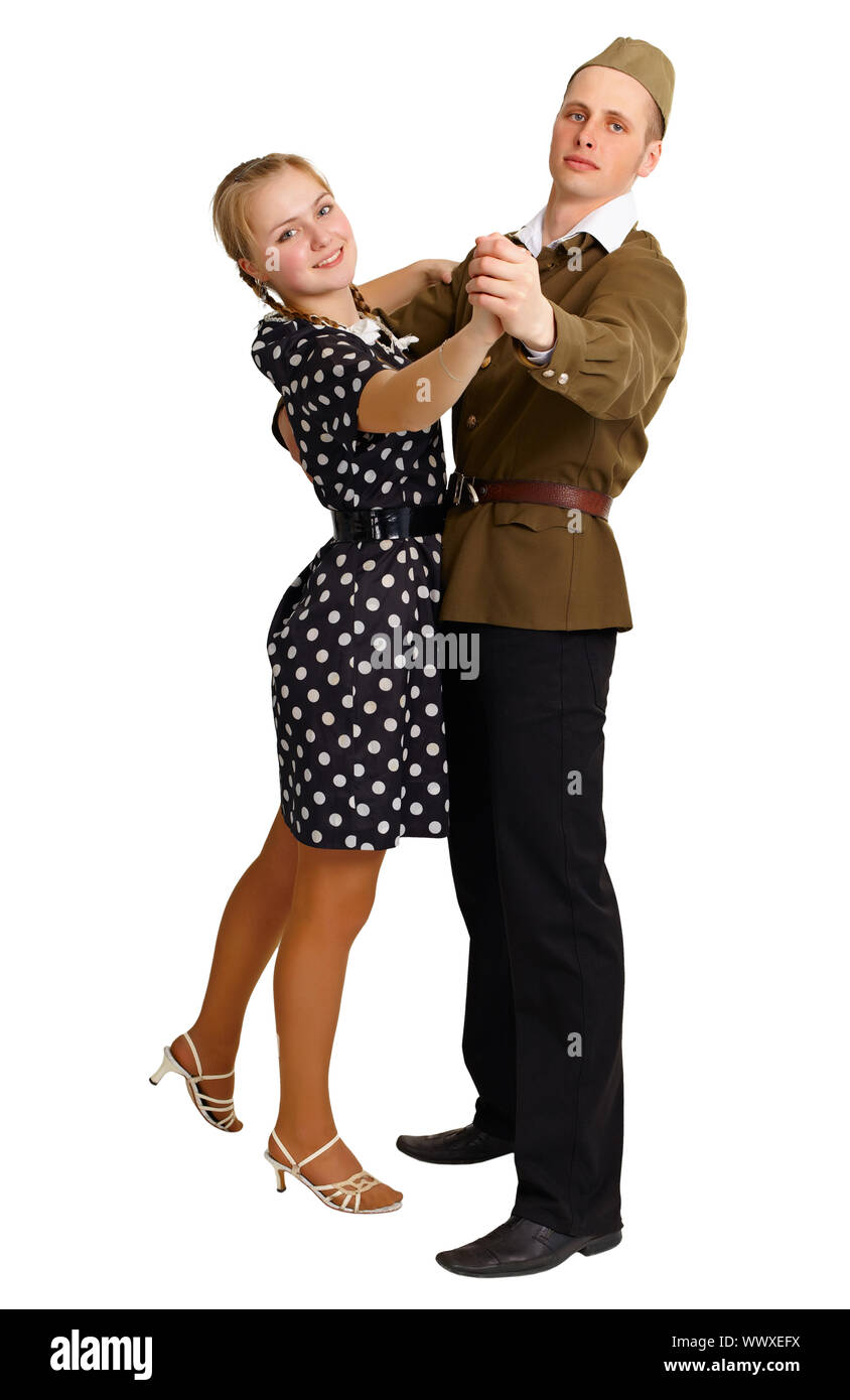 A pair in clothes 40th years dancing isolated on white background Stock ...
