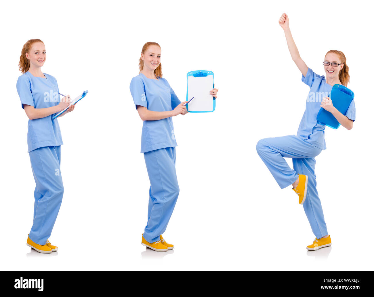 Pretty dancing doctor in blue uniform with documents isolated Stock ...