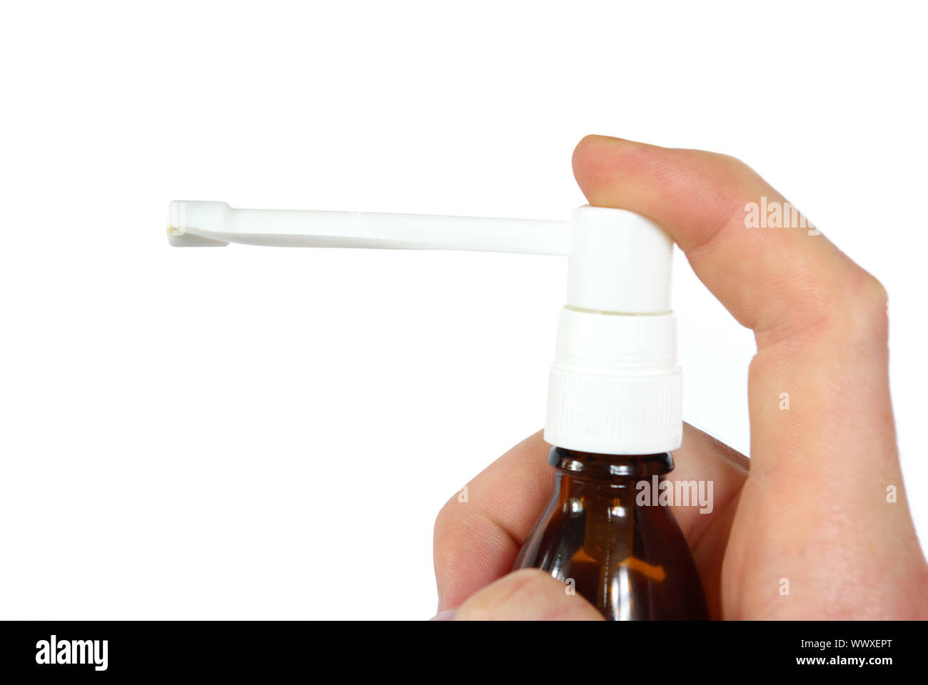 Hand with spray isolated on white background Stock Photo - Alamy