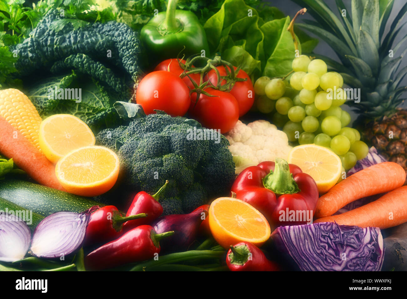 Composition with variety of raw organic vegetables and fruits. Balanced ...