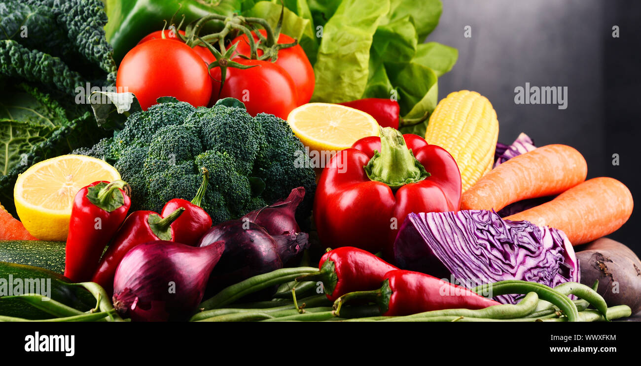 Composition with variety of raw organic vegetables and fruits. Balanced ...