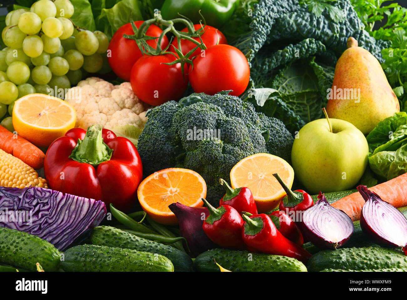 Composition with variety of raw organic vegetables and fruits. Balanced ...