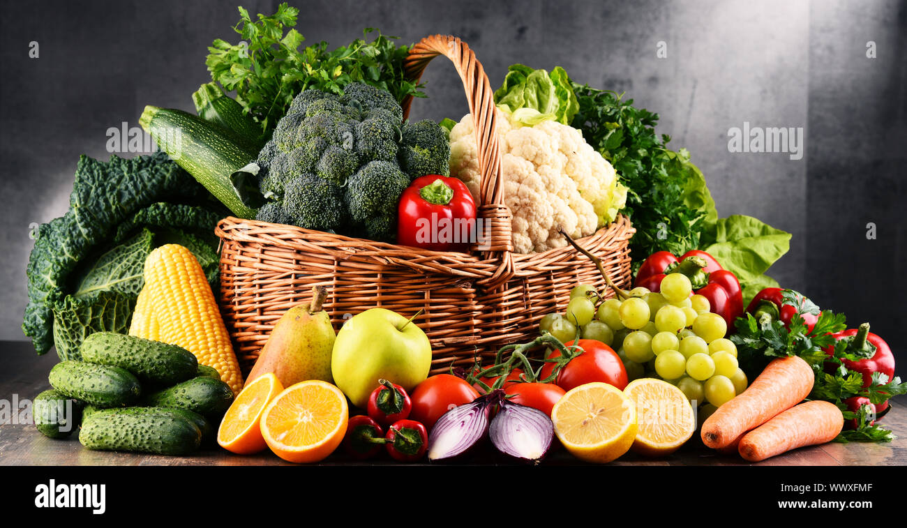 Composition with variety of raw organic vegetables and fruits. Balanced ...