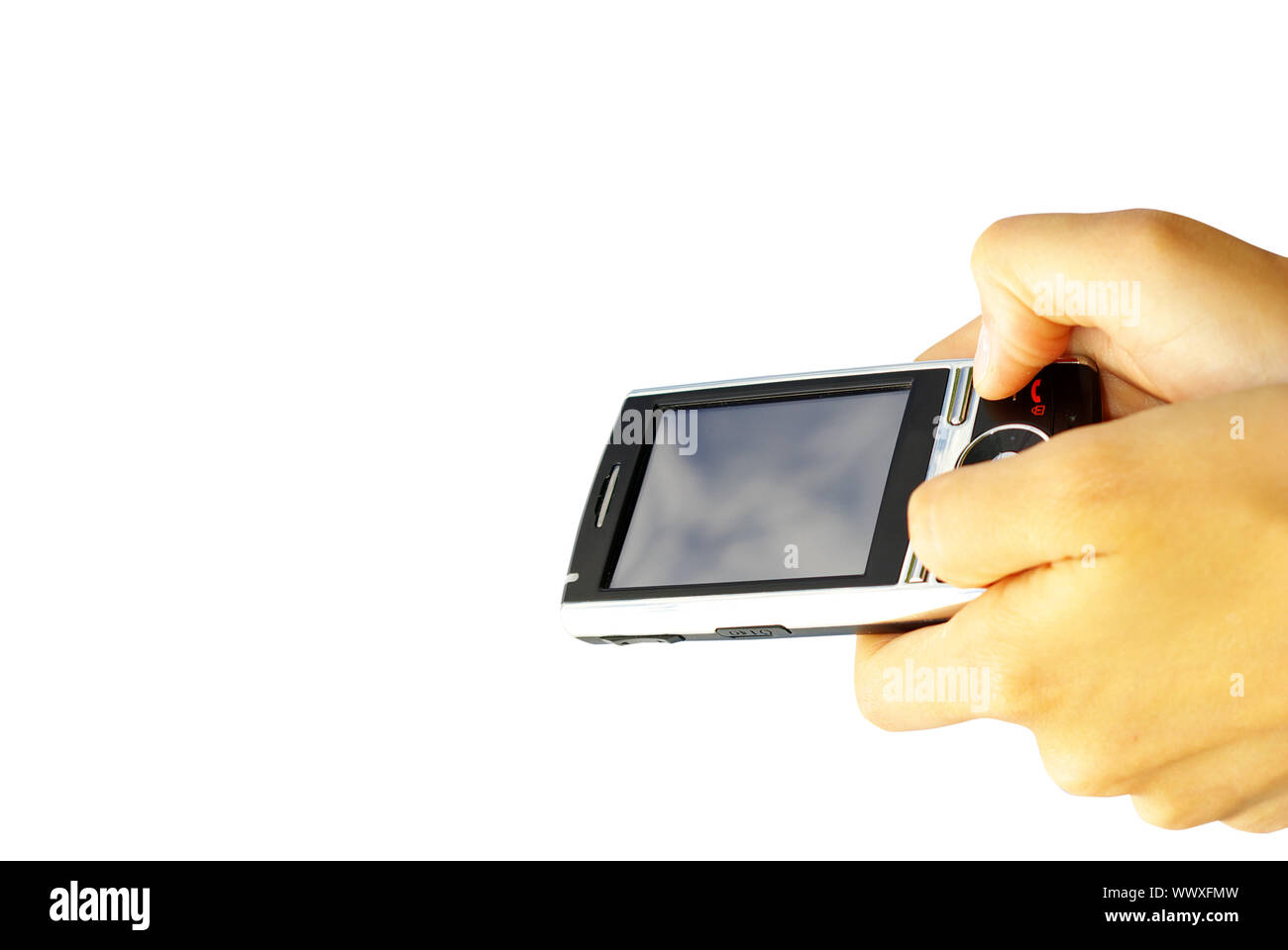 hands with communicator isolated over white background Stock Photo - Alamy