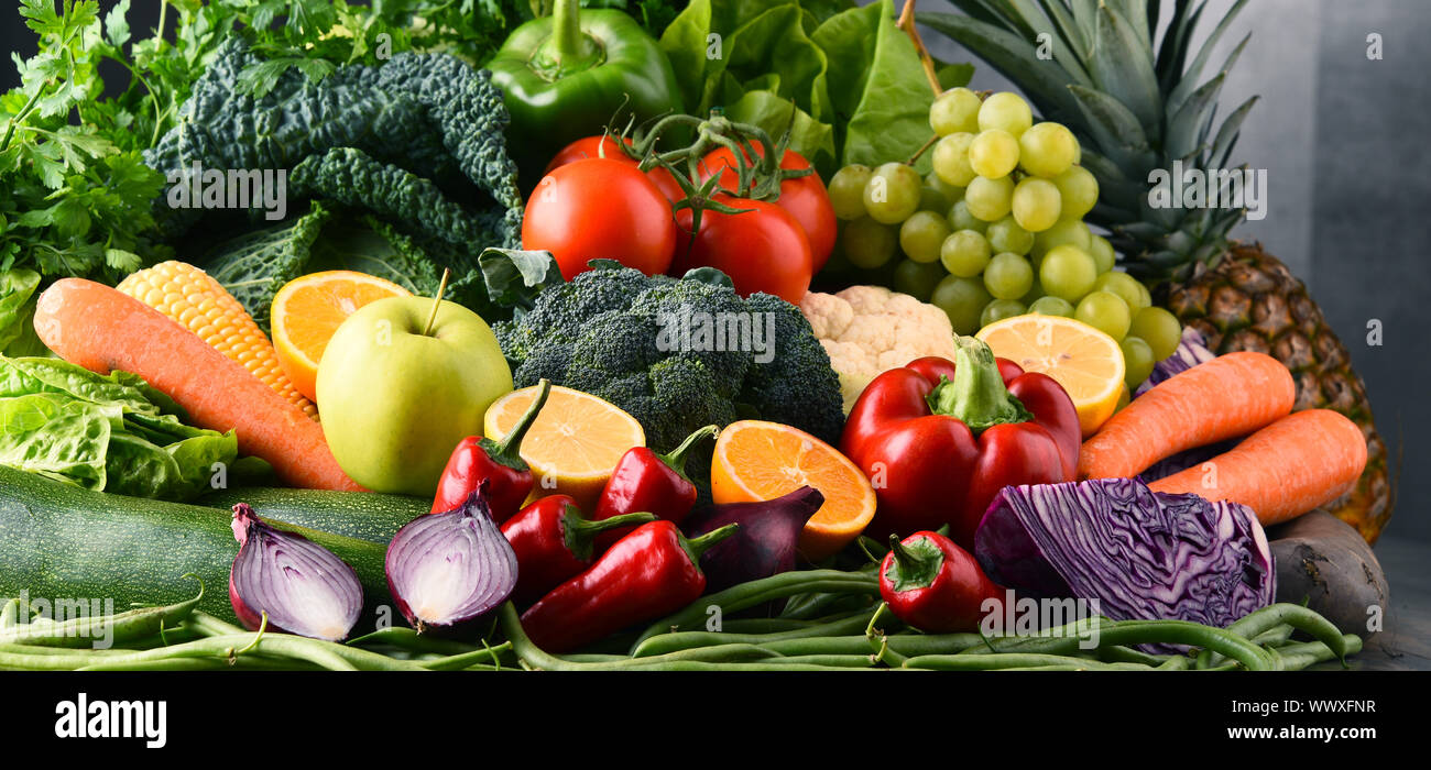 Composition with variety of raw organic vegetables and fruits. Balanced ...