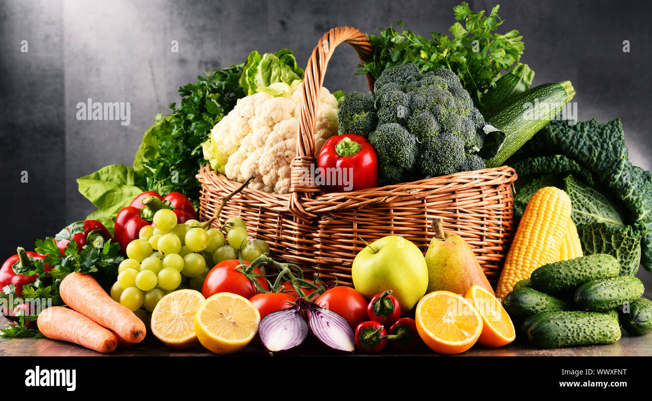 Composition with variety of raw organic vegetables and fruits. Balanced ...