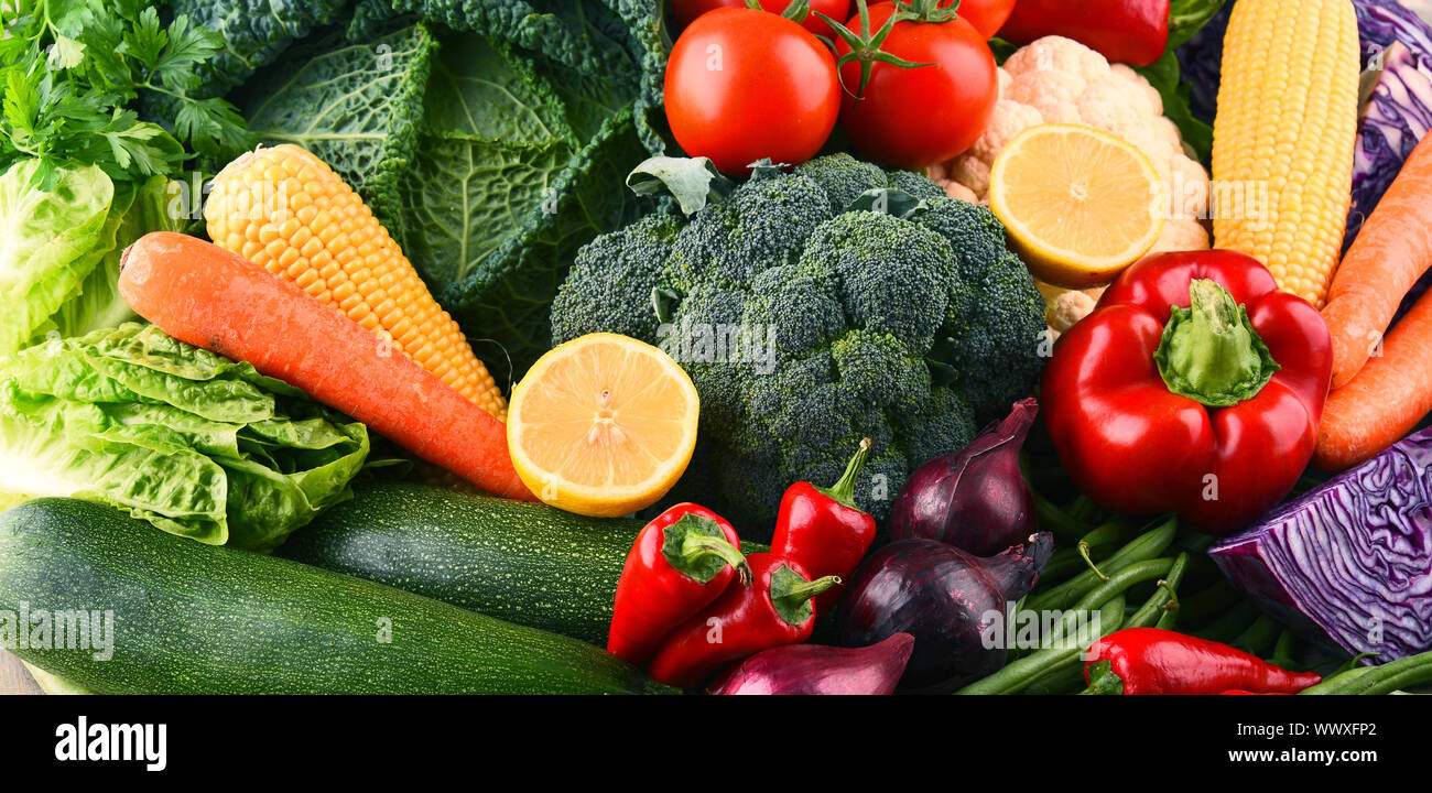 Composition with variety of raw organic vegetables and fruits. Balanced ...