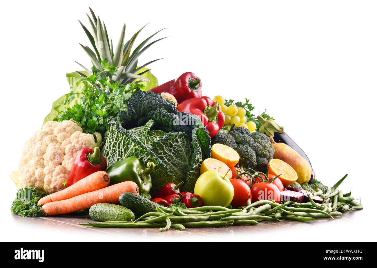 Composition with variety of raw organic vegetables and fruits. Balanced ...