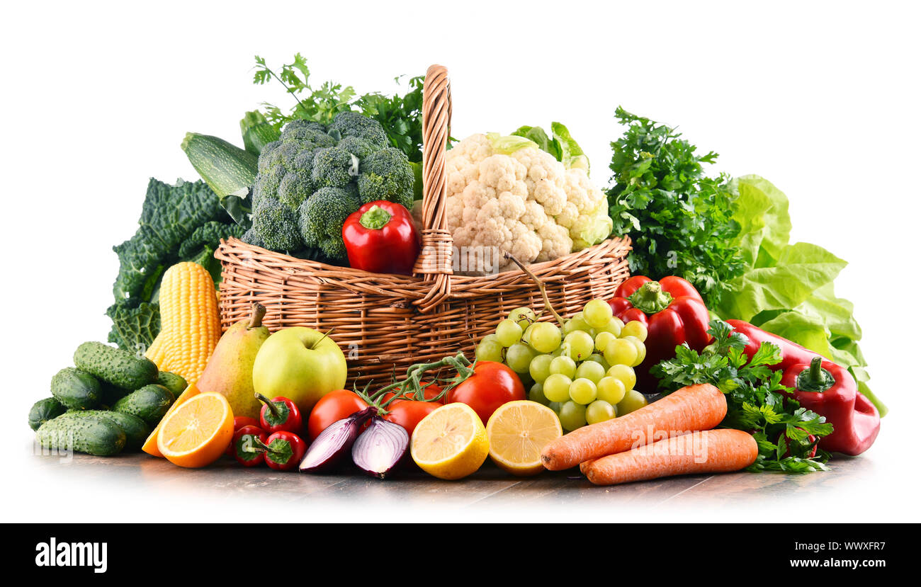 Composition with variety of raw organic vegetables and fruits. Balanced ...