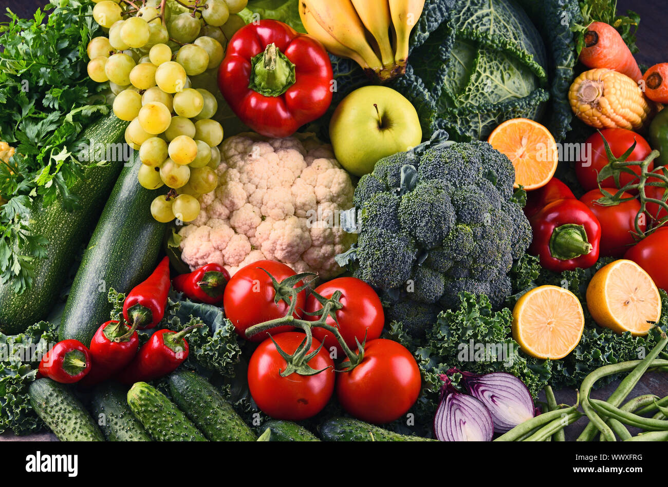 Composition with variety of raw organic vegetables and fruits. Balanced ...