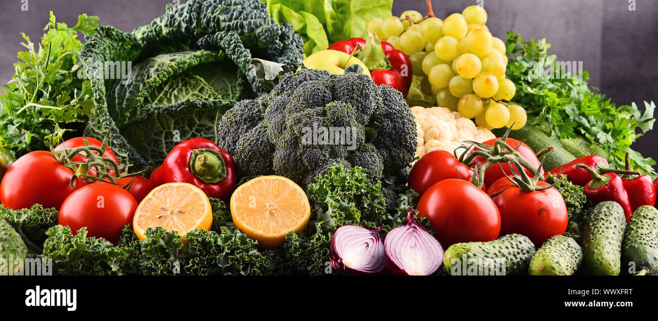Composition with variety of raw organic vegetables and fruits. Balanced ...