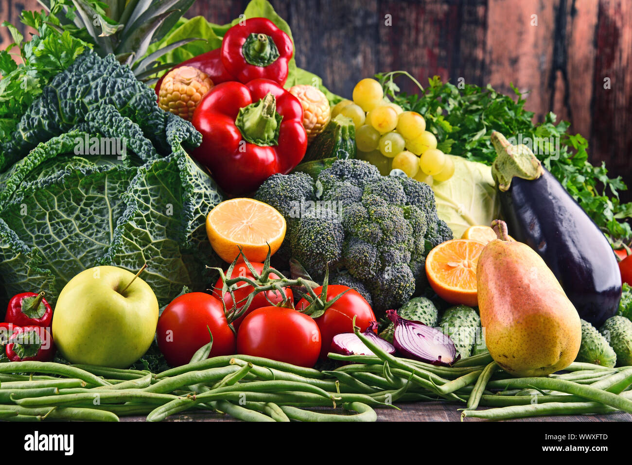 Composition with variety of raw organic vegetables and fruits. Balanced ...