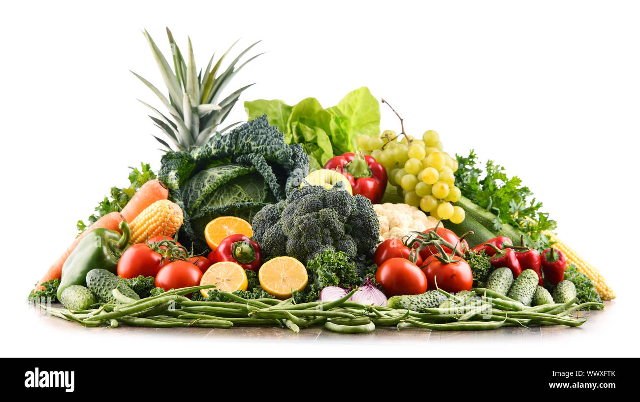 Composition with variety of raw organic vegetables and fruits. Balanced ...