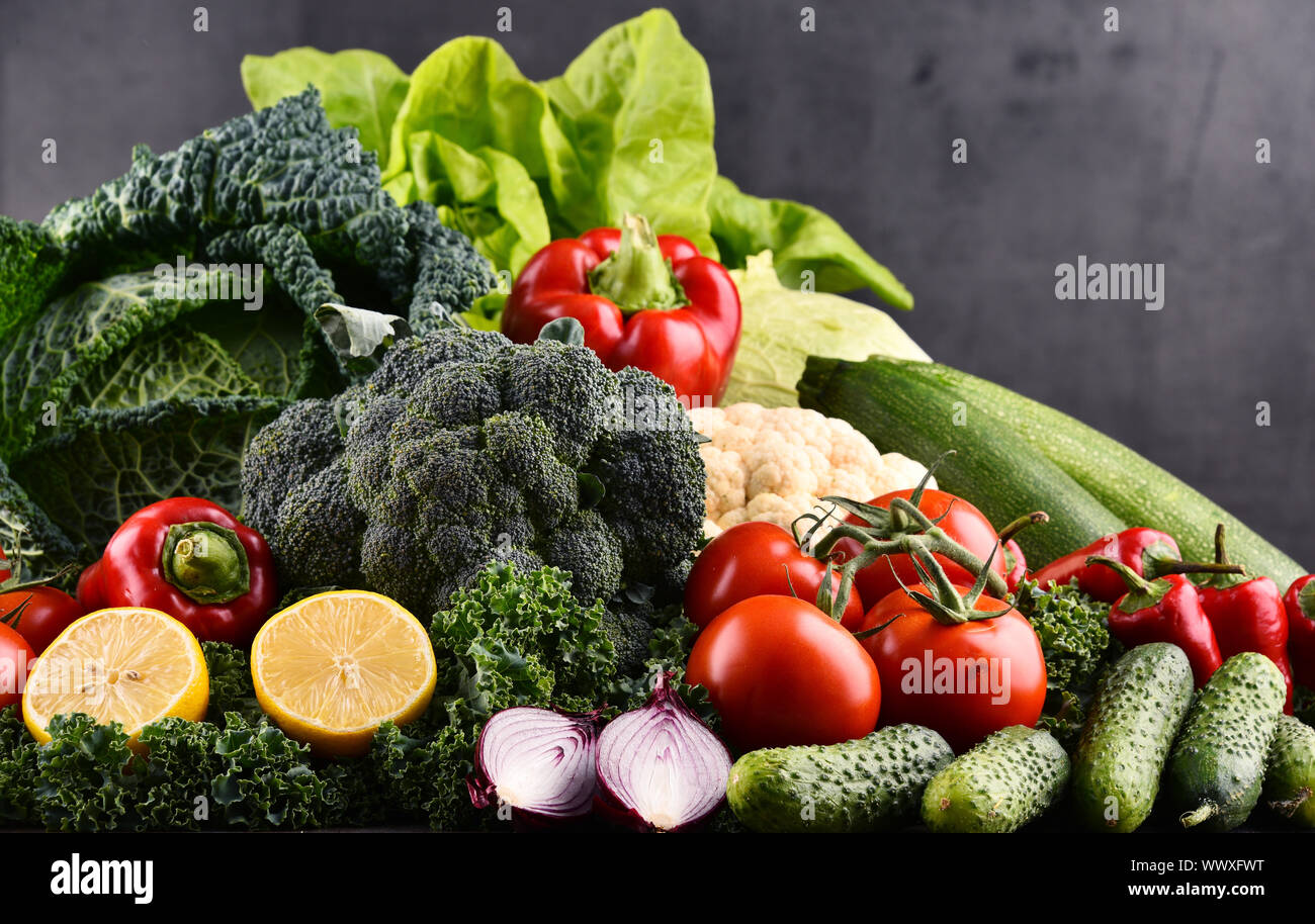 Composition with variety of raw organic vegetables and fruits. Balanced ...