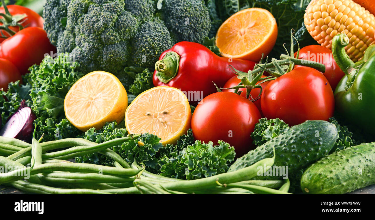 Composition with variety of raw organic vegetables and fruits. Balanced ...