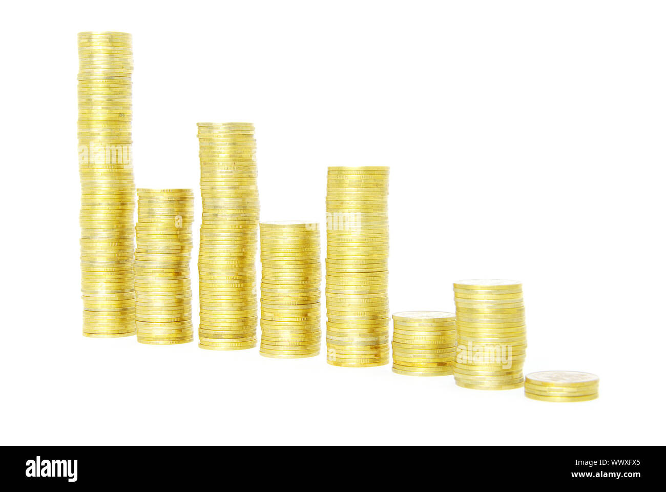 towers of coins isolated on a whiteness Stock Photo - Alamy