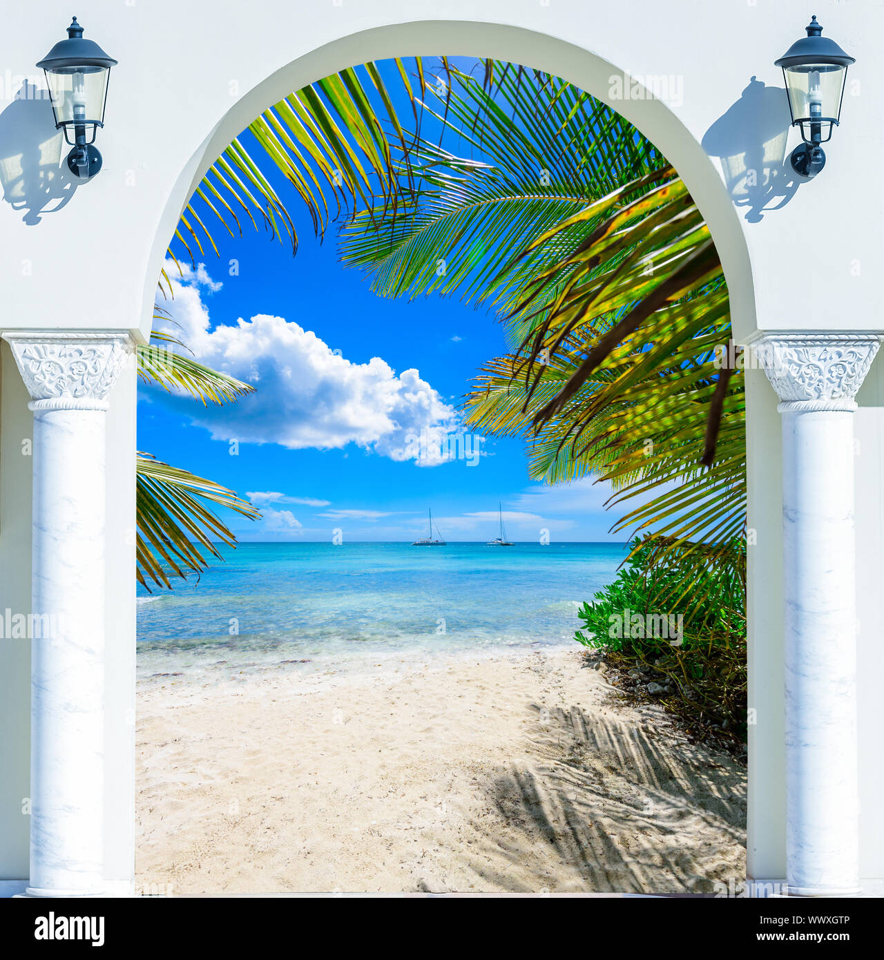 wooden open door arch exit to the beach caribbean dominican republic ...