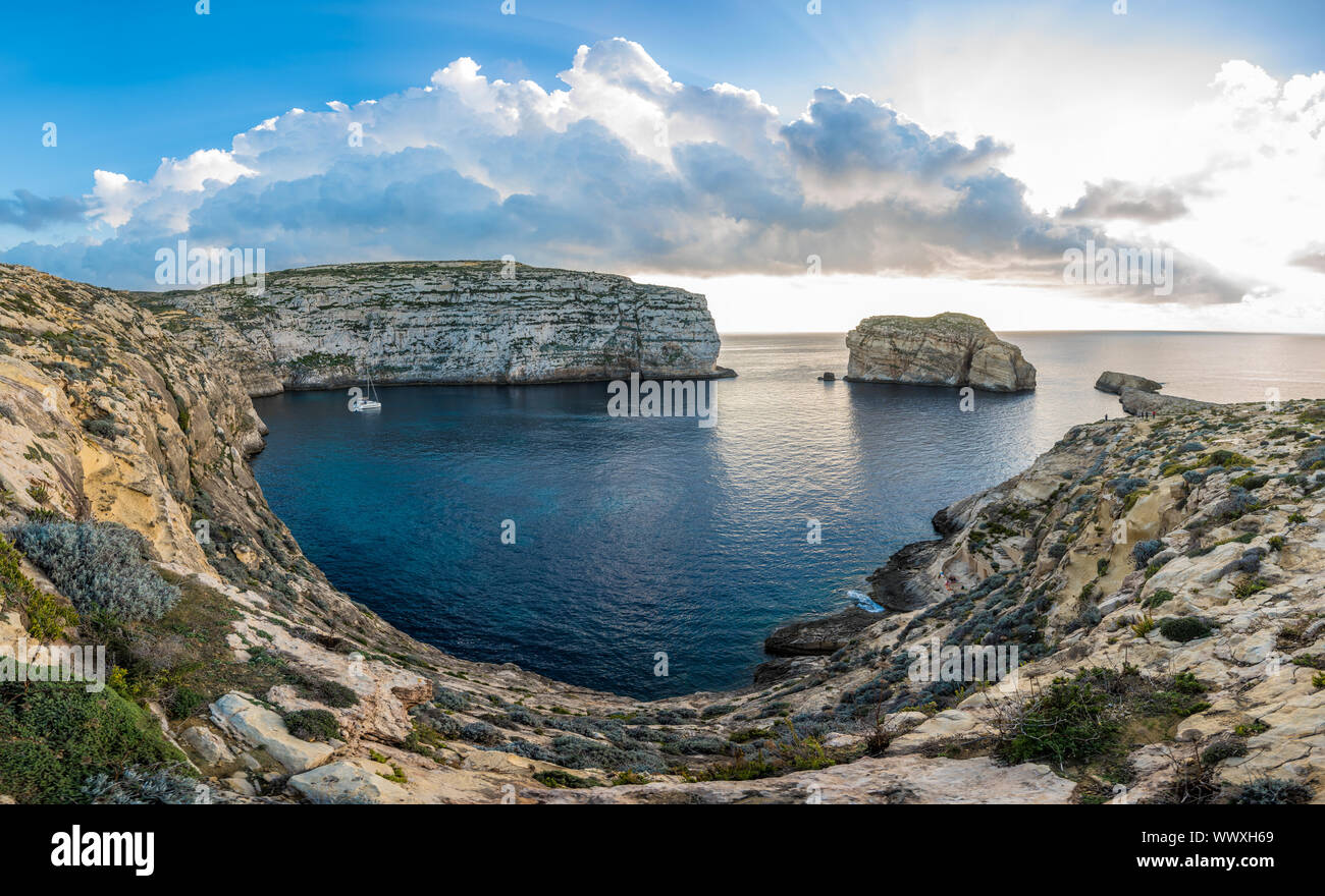Panoramic view of Dwejra bay with Fungus Rock, Gozo, Malta Stock Photo ...