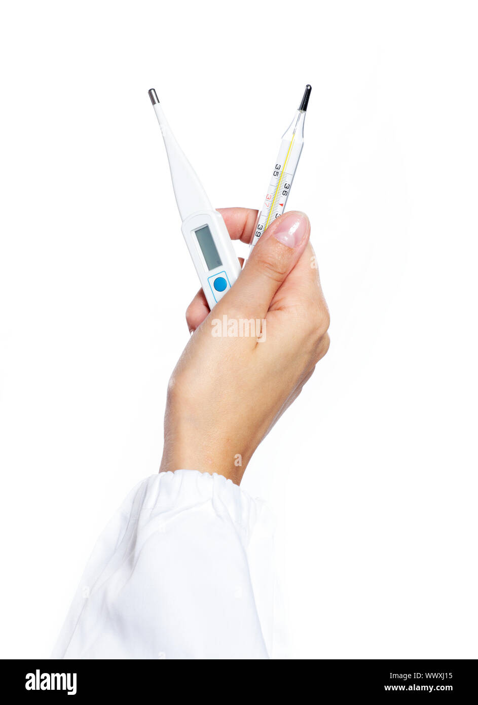 Checking Temperature on white background Stock Photo - Alamy