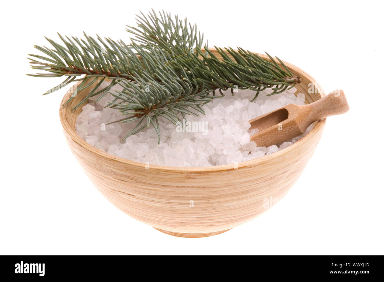 pine bath items. sea salt with fresh branch isolated on the white ...