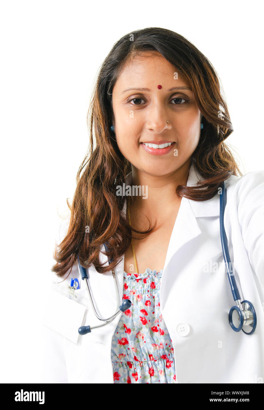 30s mid adult Asian Indian female doctor portrait on white background ...