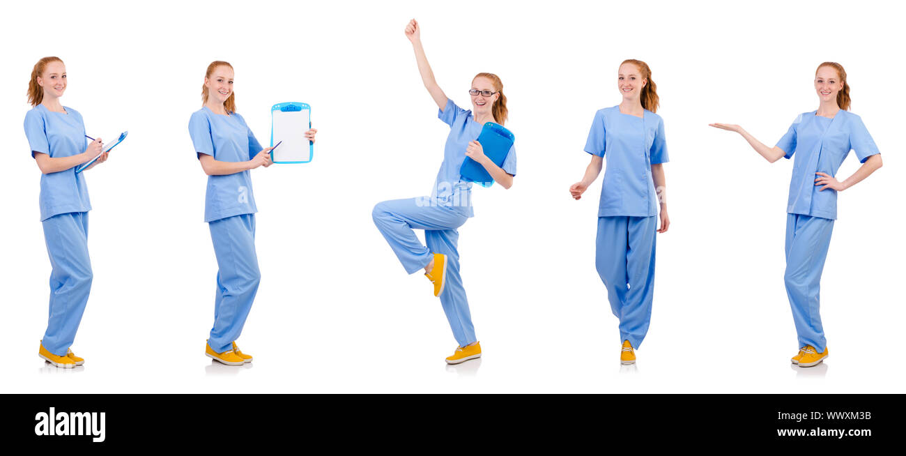 Pretty dancing doctor in blue uniform with documents isolated Stock ...