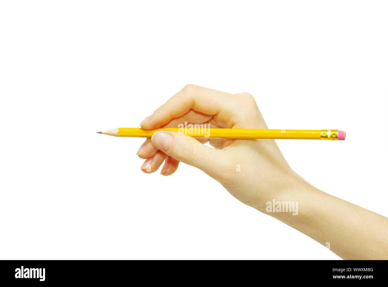 Hand with pencil isolated on white Stock Photo - Alamy