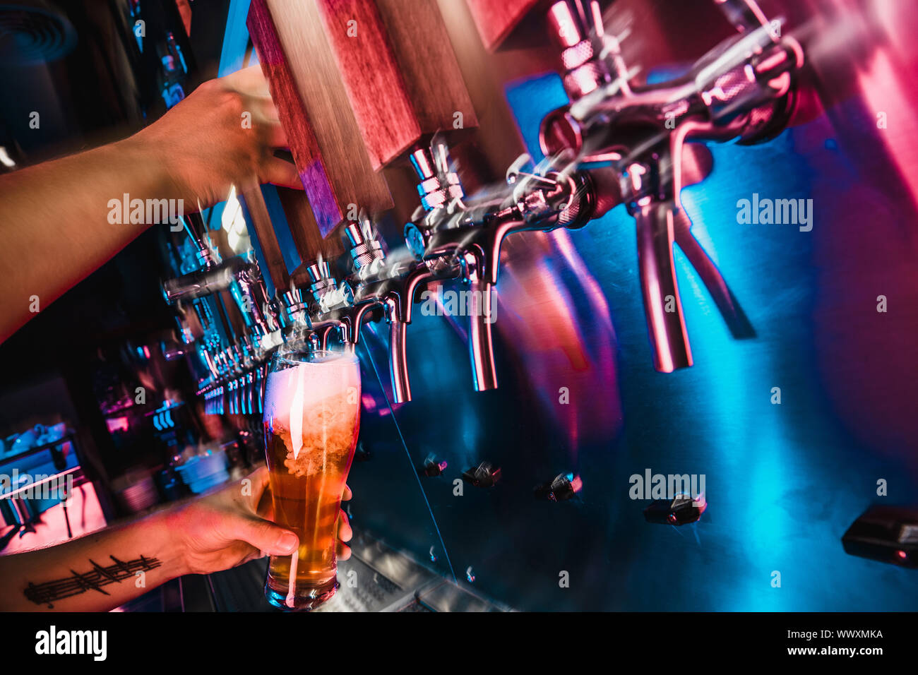 Hand of bartender pouring a large lager beer in tap. Bright and modern ...