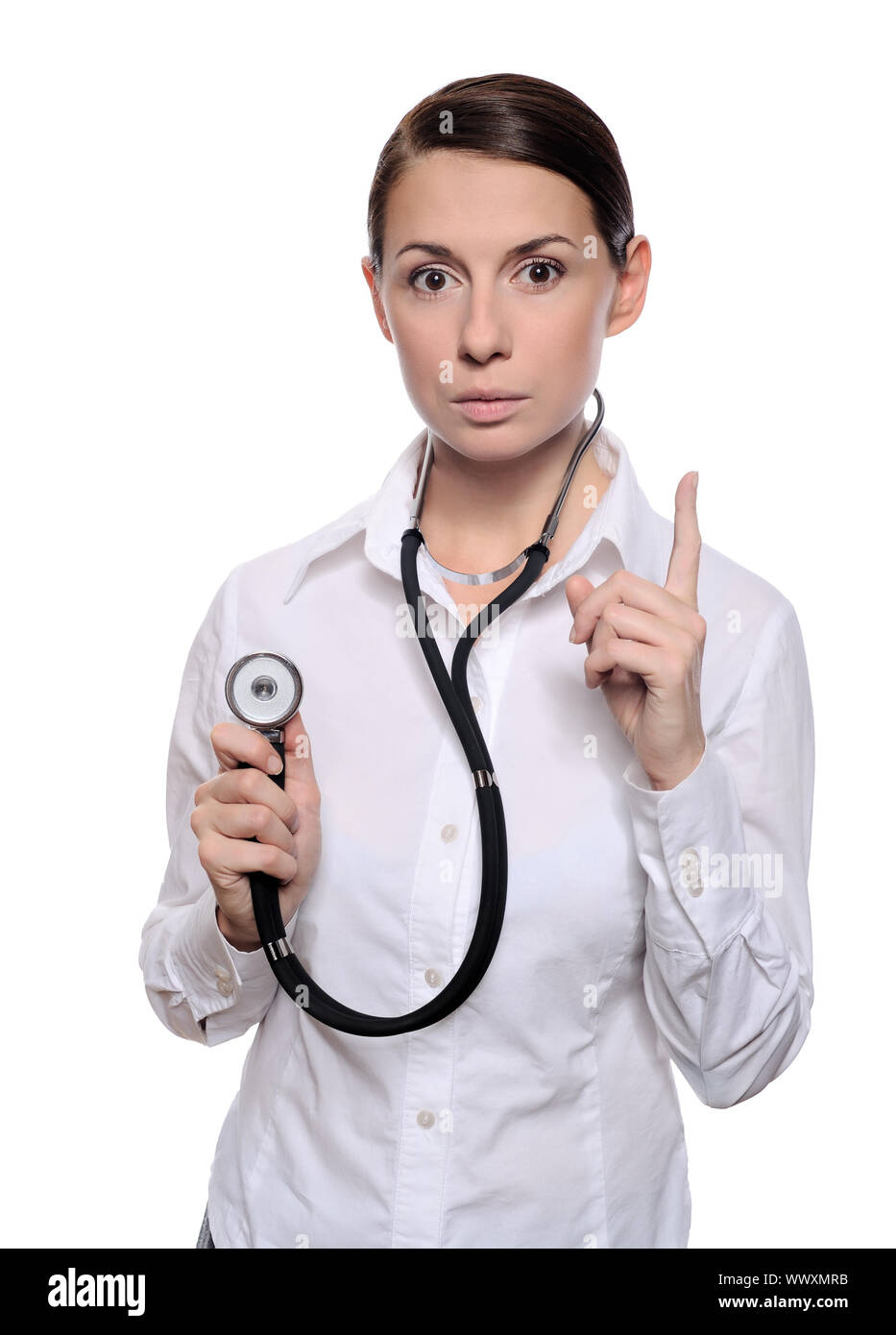 Medical female doctor showing warning gesture. Isolated on white Stock ...