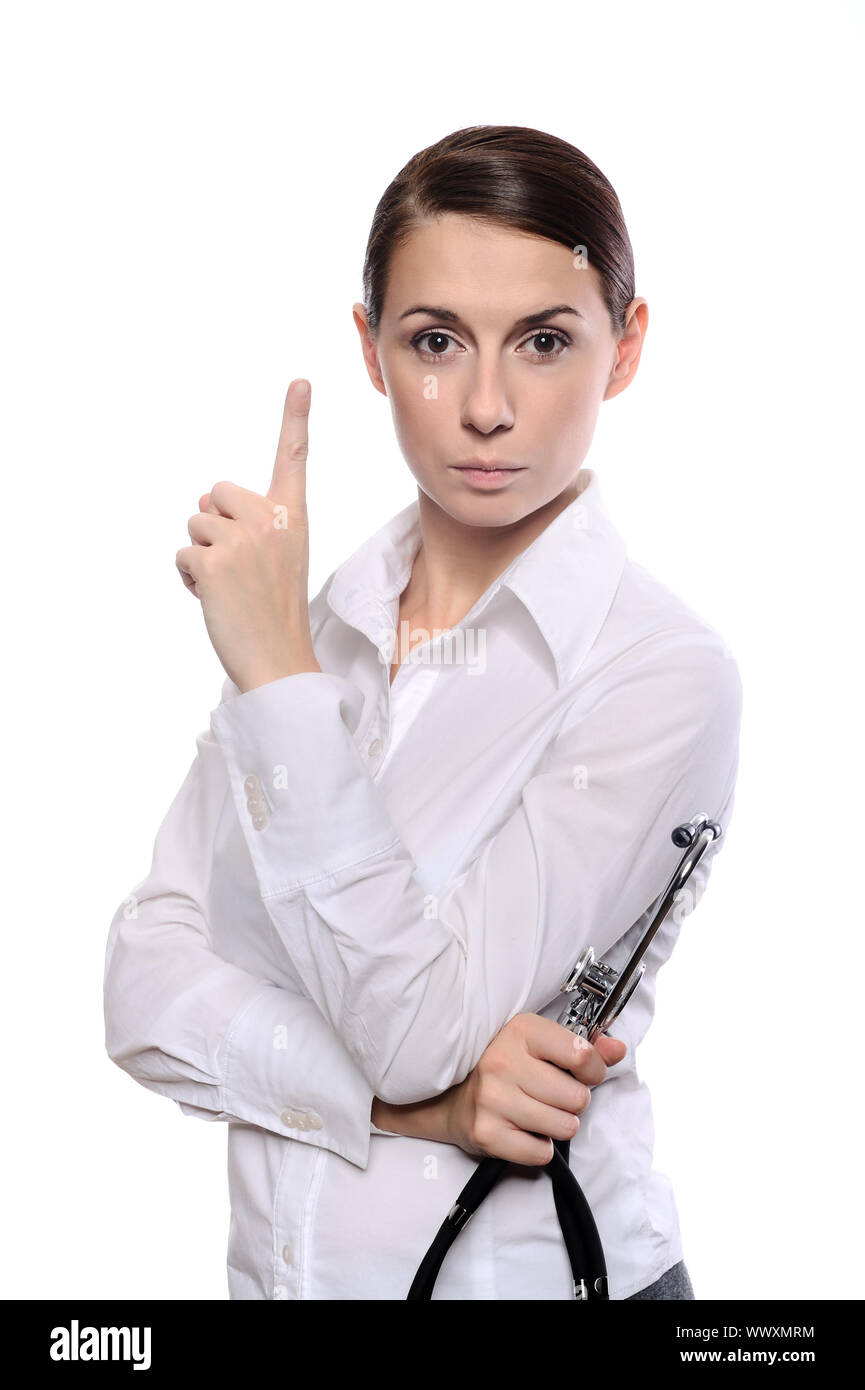 Medical female doctor showing warning gesture. Isolated on white Stock ...
