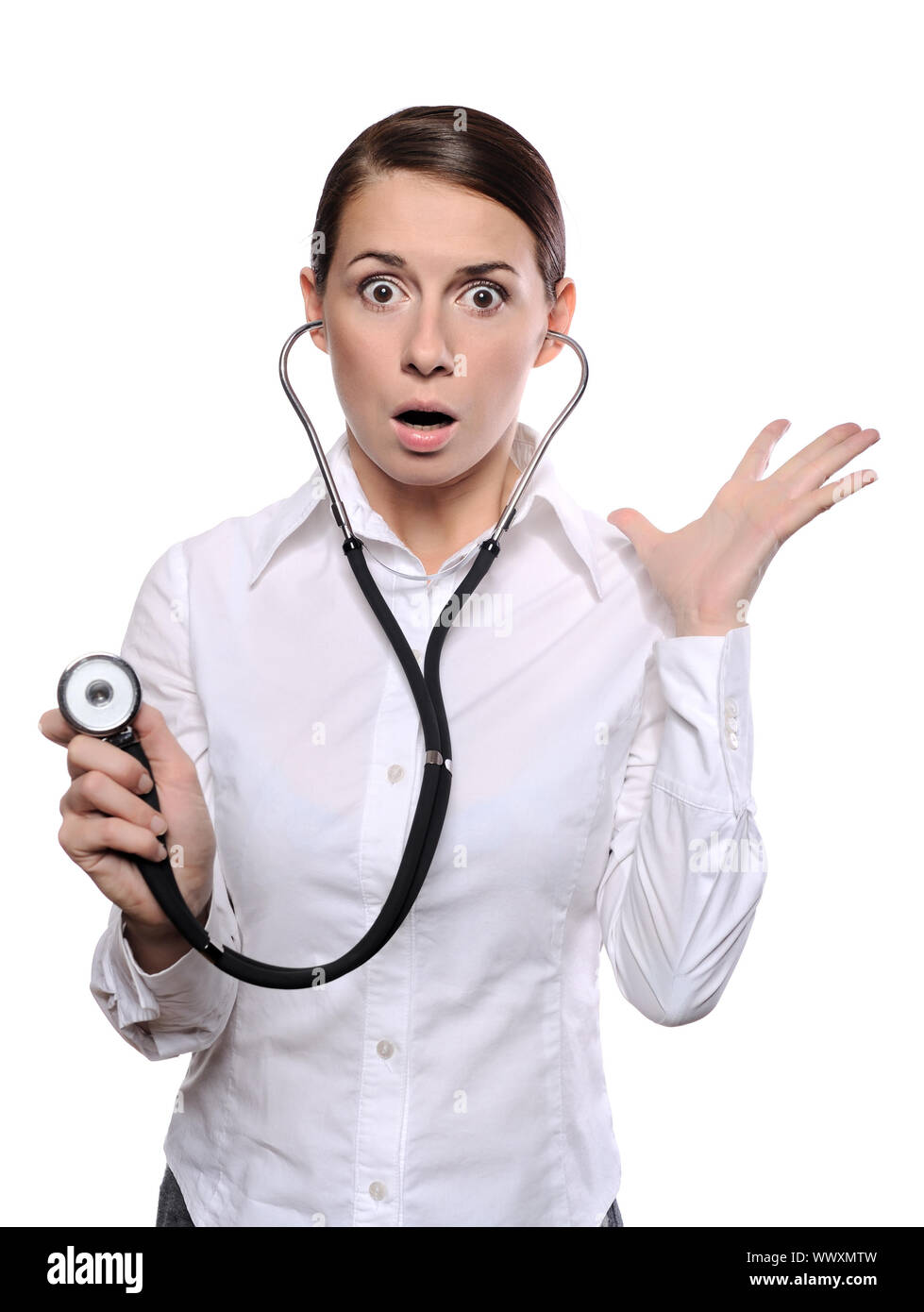 Doctor shocked - funny. Portrait of young female doctor or nurse ...