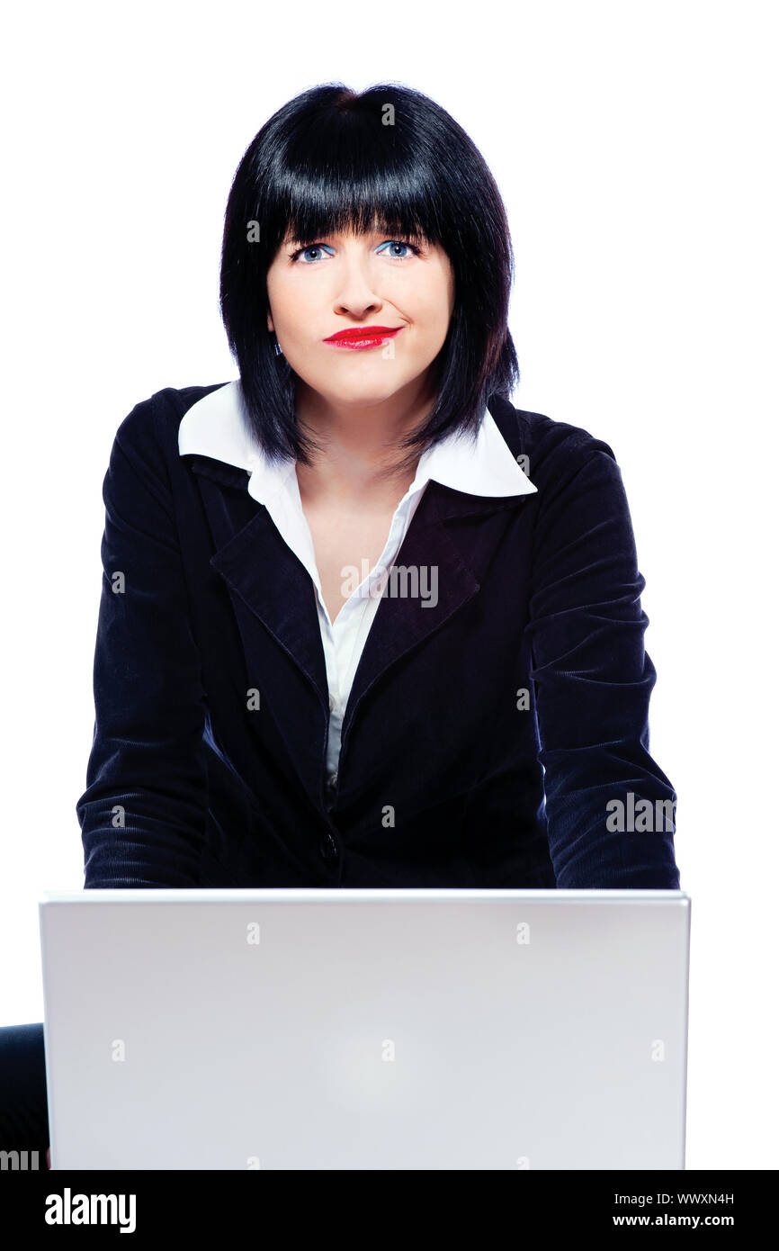 business woman behind laptop marveling, isolate on white Stock Photo ...