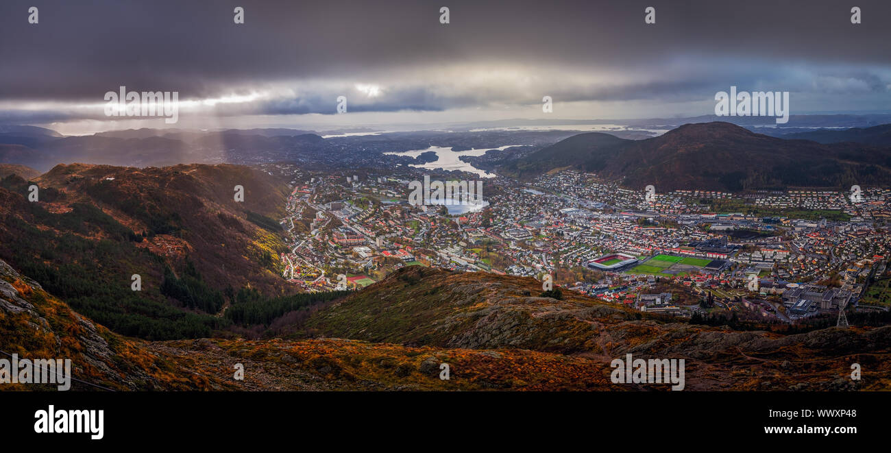 Panoramic view of Bergen town as seen from the top of Mount Ulriken ...