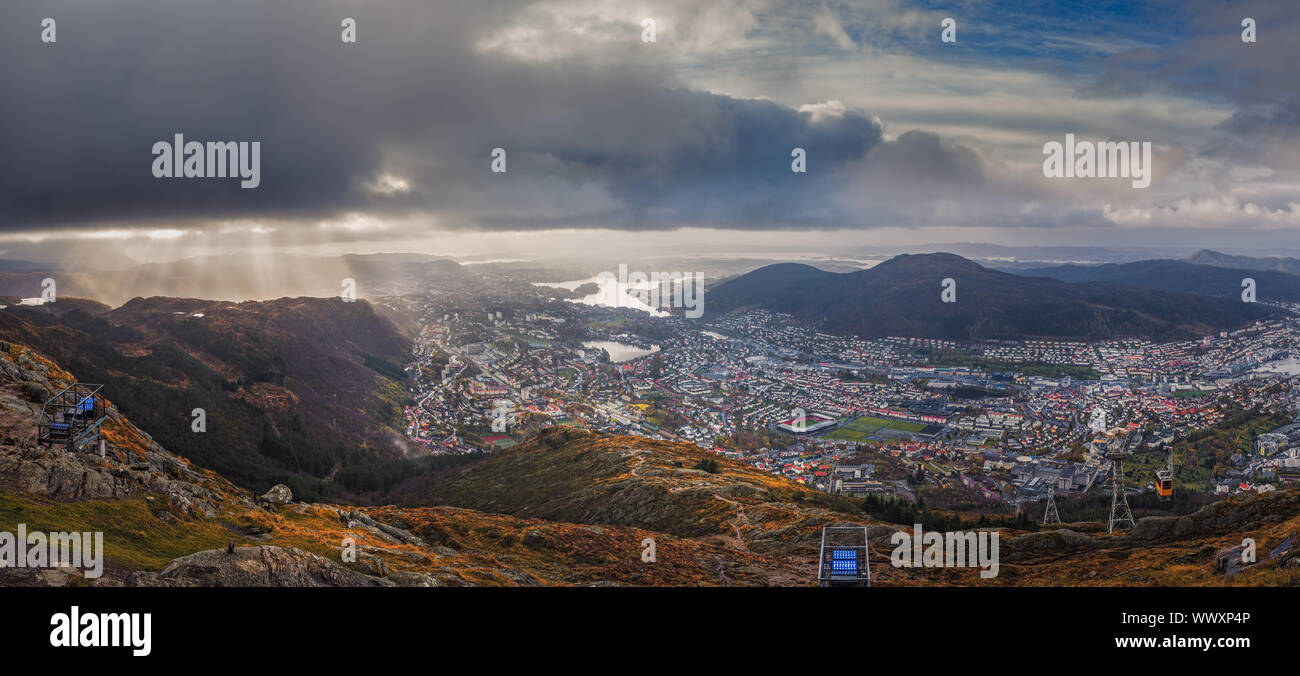 Panoramic view of Bergen town as seen from the top of Mount Ulriken ...