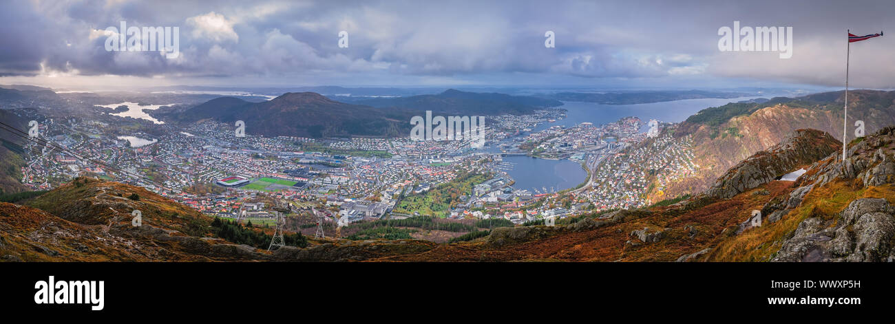 Panoramic view of Bergen town as seen from the top of Mount Ulriken ...